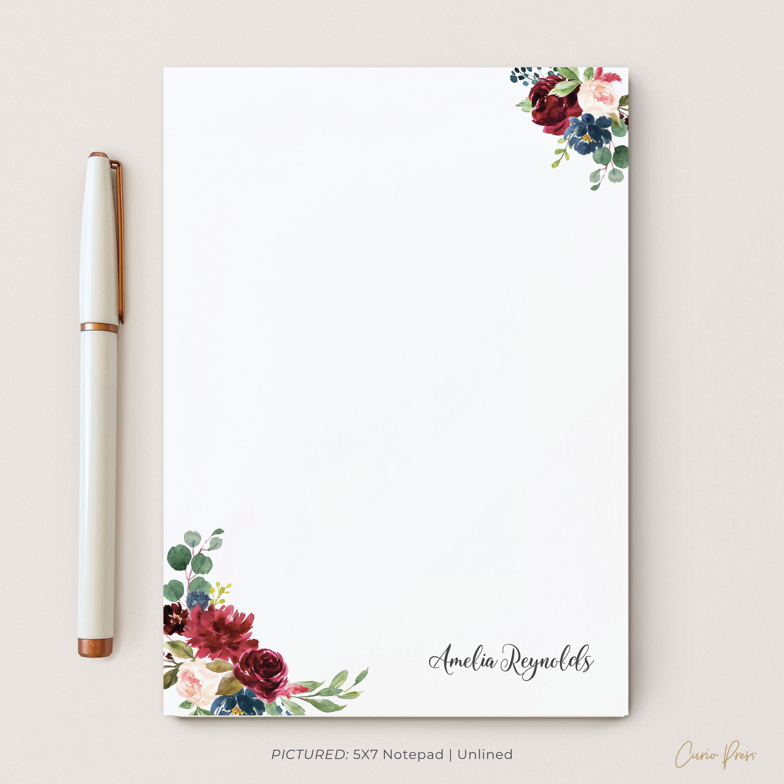Burgundy Florals | Monogrammed Notepad | Curio Press